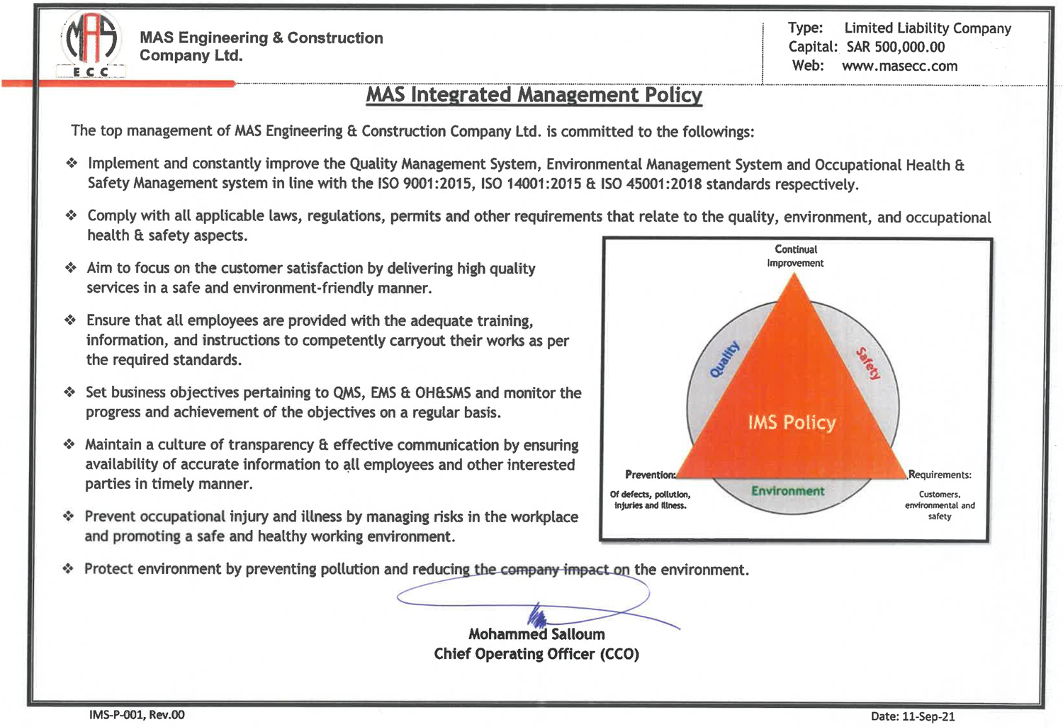 MAS Integrated Management Policy – MAS Engineering and Construction Company Ltd.
